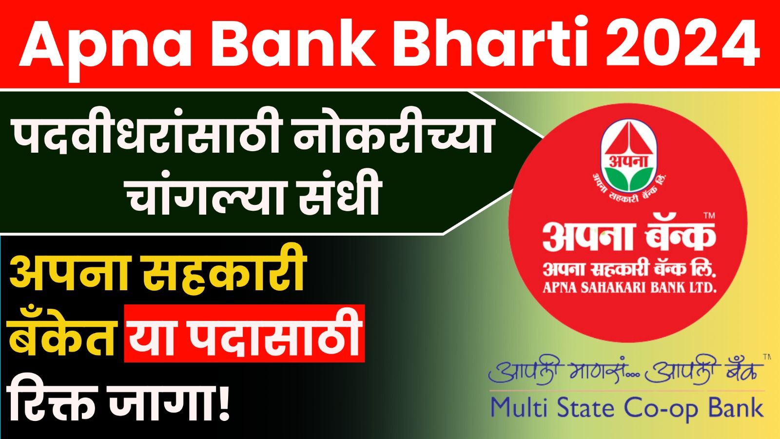 Apna Bank Bharti 2024: पदवीधरांसाठी नोकरीच्या चांगल्या संधी; अपना सहकारी बँकेत या पदासाठी रिक्त ...